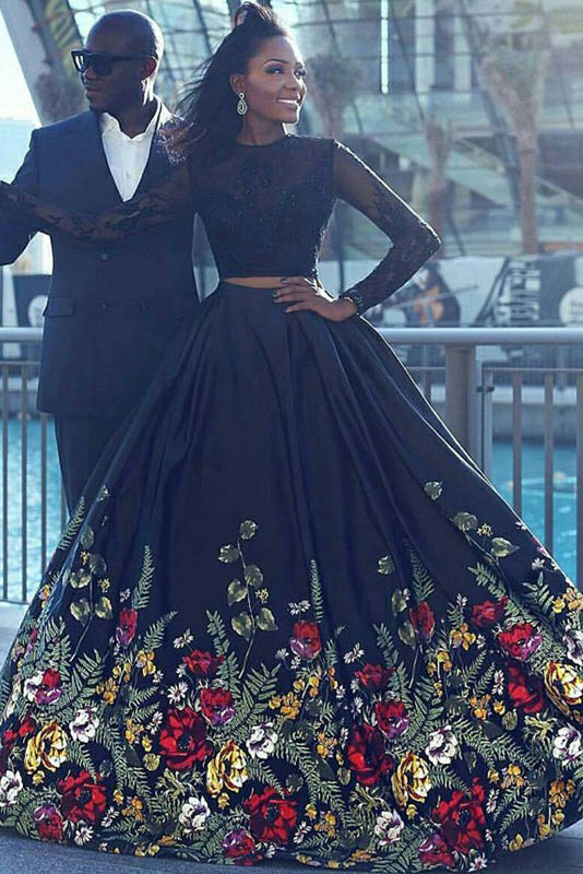 Long Sleeve Two Piece Black Floral Prom Dress With Beading Lace