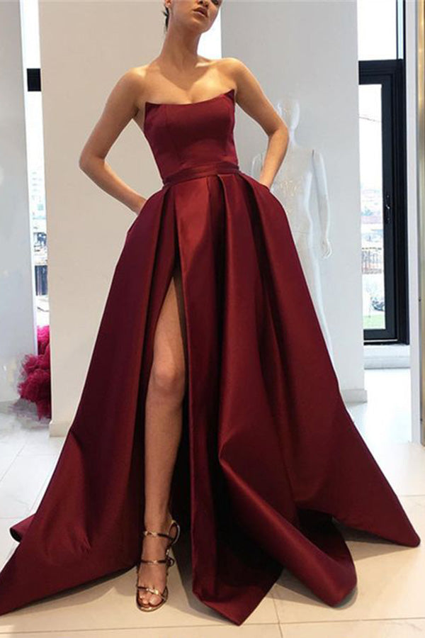 Burgundy Strapless Bodice Corset Long Sleeveless With Leg Split Prom