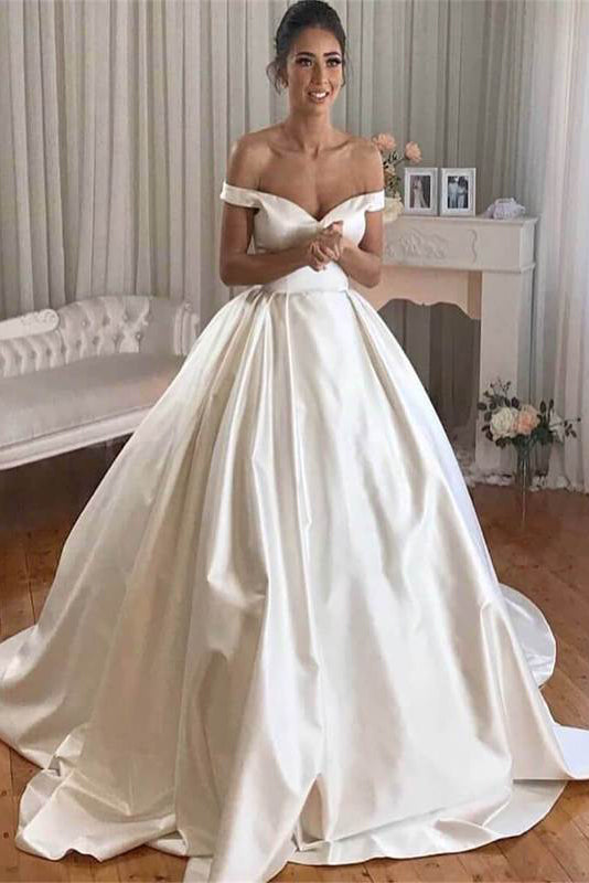 Simple Princess Ivory Ball Gown Sweetheart Satin Off The Shoulder