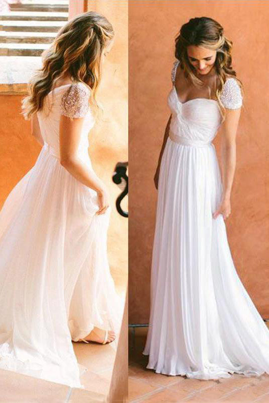 Sweetheart Cap Sleeve Beads Chiffon A Line Open Back Wedding Dress