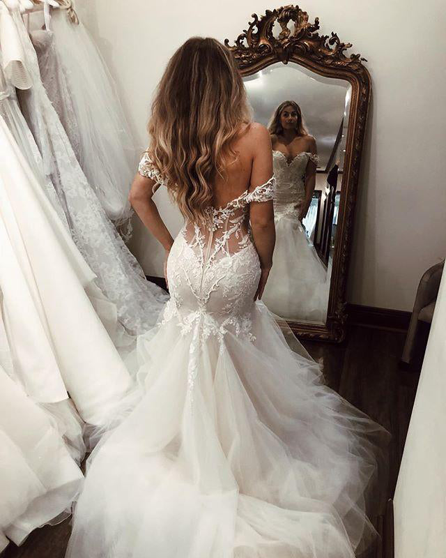 Off The Shoulder Mermaid Tulle Wedding Dresses Lace Appliques Bridal