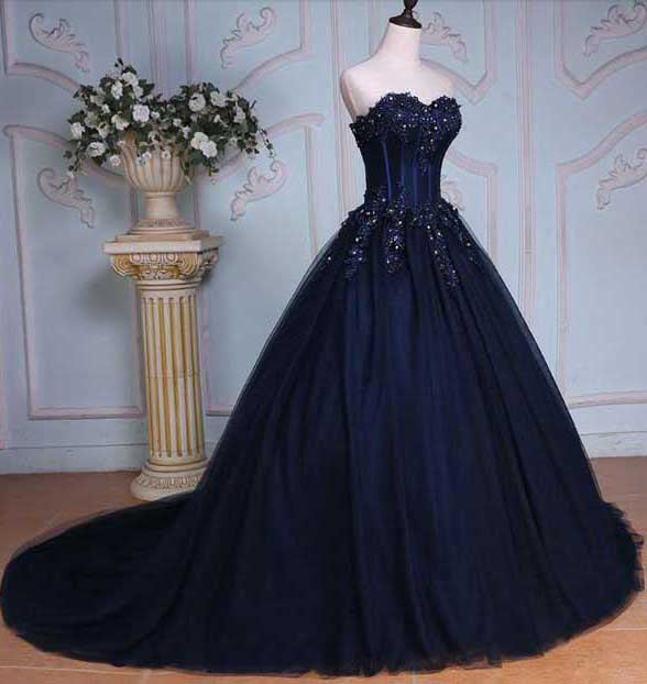 Ball Gown Navy Blue Beads Ruffles Tulle Prom Dresses Uk With Lace Up