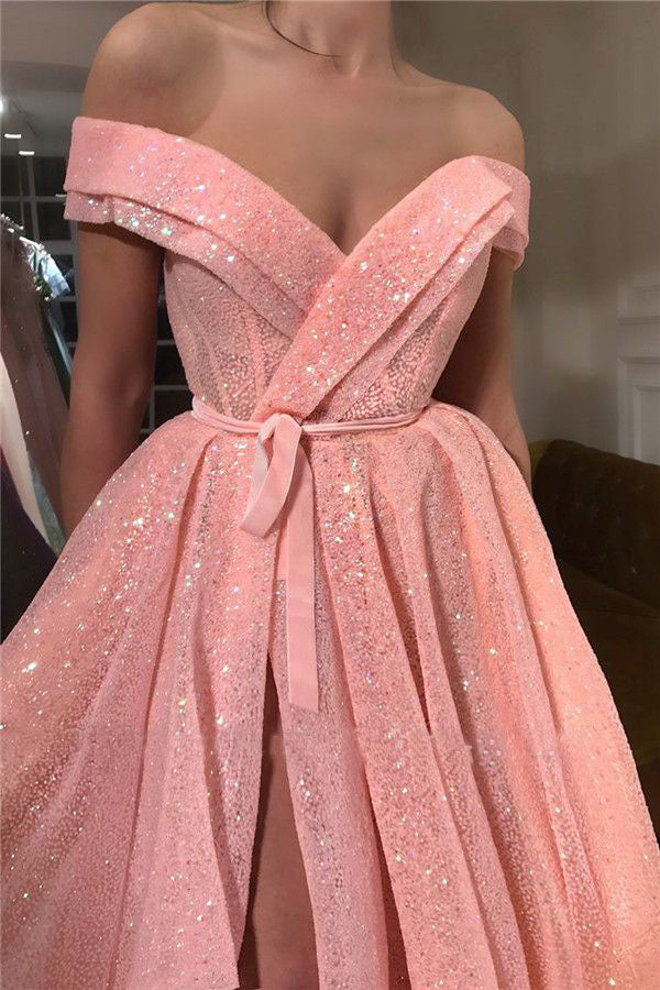 A Line Pink Sequins Off The Shoulder V Neck Prom Dresses With Split