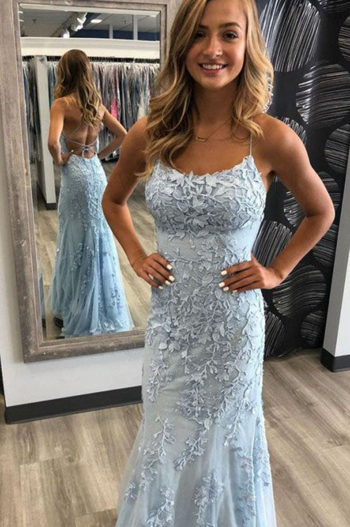 Mermaid Spaghetti Straps Light Blue Prom Dress Appliques Evening Dress