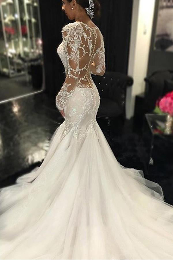 Long Sleeves Ivory V Neck Mermaid Tulle Lace Appliques Wedding Dress