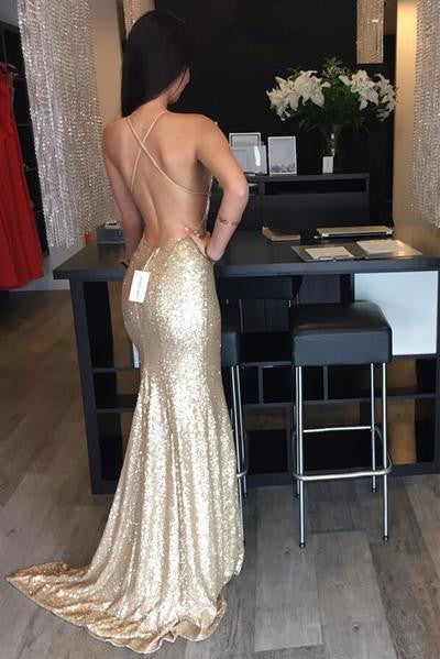 Backless Sequin Prom Dress Mermaid Gold Prom Dress Long Prom Dress