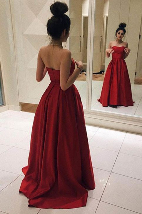 Sweetheart Red Elegant Satin Ball Gown Long Prom Dress Promdressmeuk