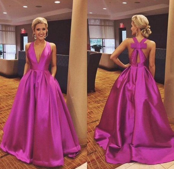 A Line V Neck Satin Hot Pink Long Prom Dresses With Ribbon Promdress