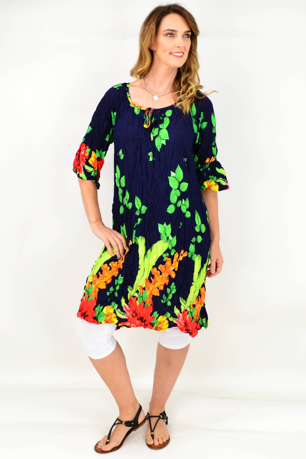 Navy Orange Floral Crinkle Tie Tunic Dress I Love Tunics