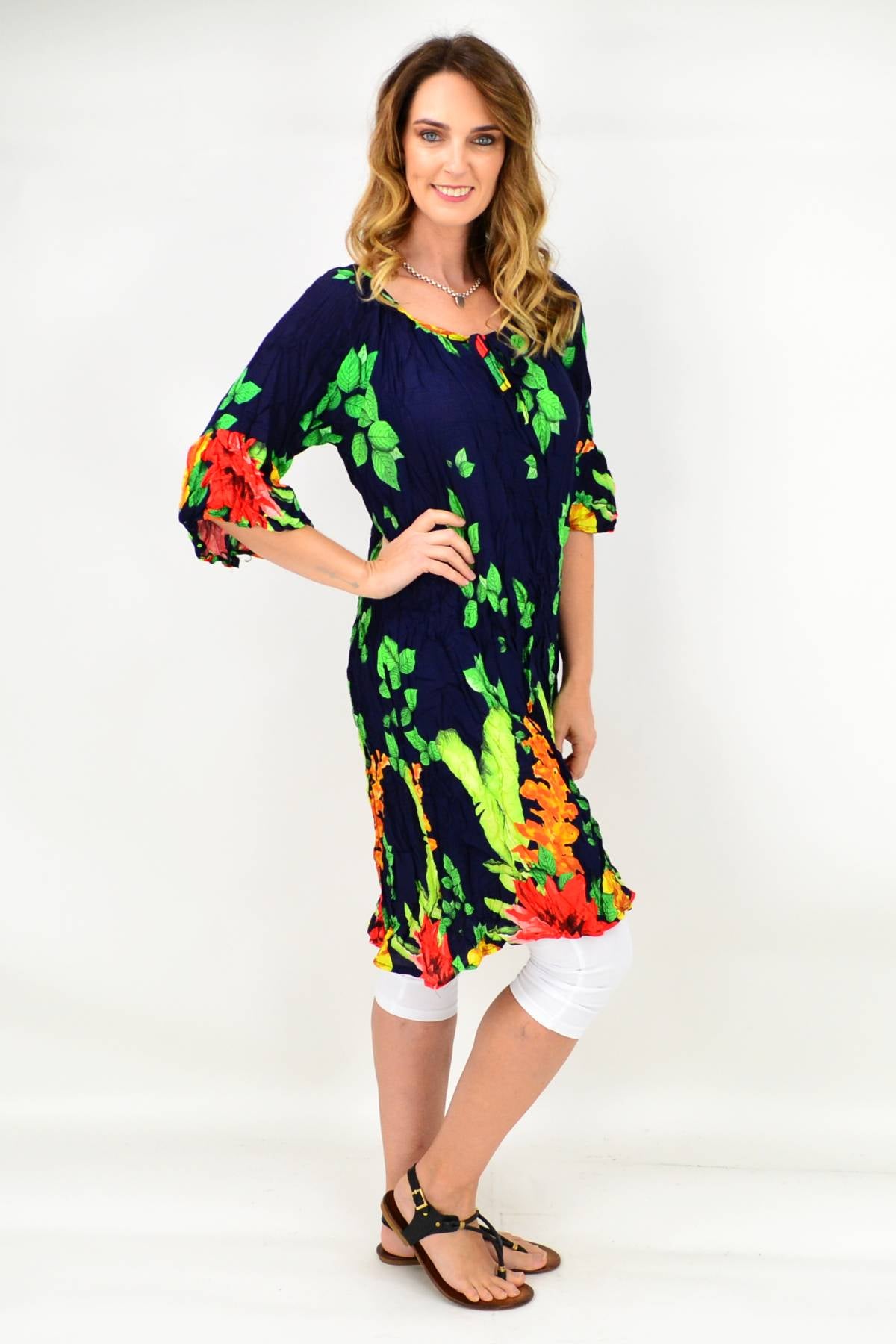 Navy Orange Floral Crinkle Tie Tunic Dress I Love Tunics