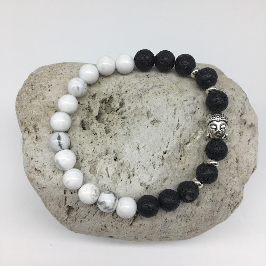 Howlite And Lava Rock 8mm Stone Healing Bracelet With Buddha Charm