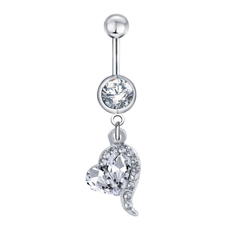 Heart Belly Ring Crystal Belly Button Ring Heart Silver Dangle Navel