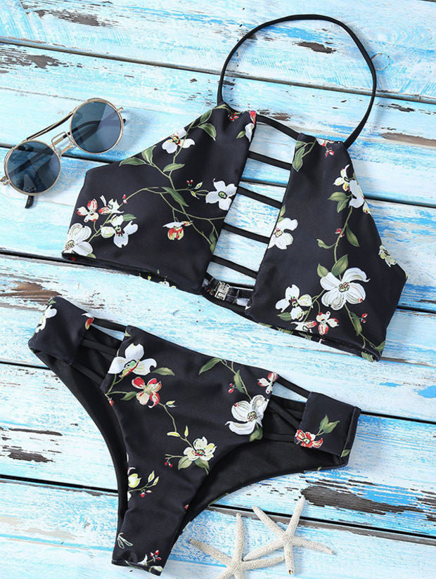 Hollow Sexy Floral Print Halter Beach Bikini Set Swimsuit Swimwear