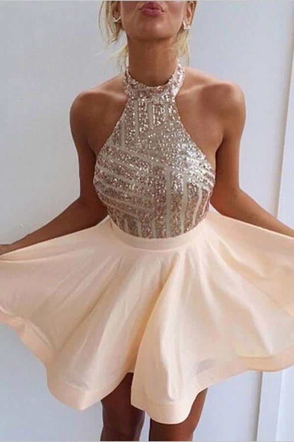 Halter Sparkly Sequin Backless Short Homecoming Dressescocktail Dress