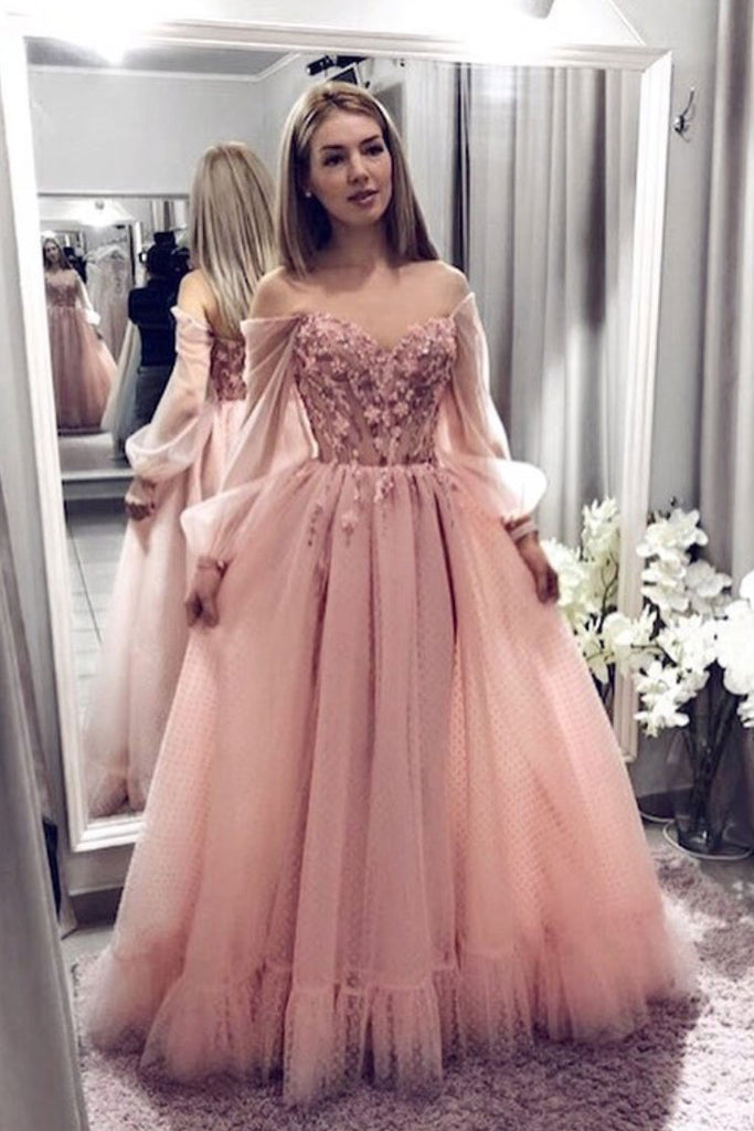 Blush Pink Prom Dresses With Long Sleeves A Line Elegant Evening Dres