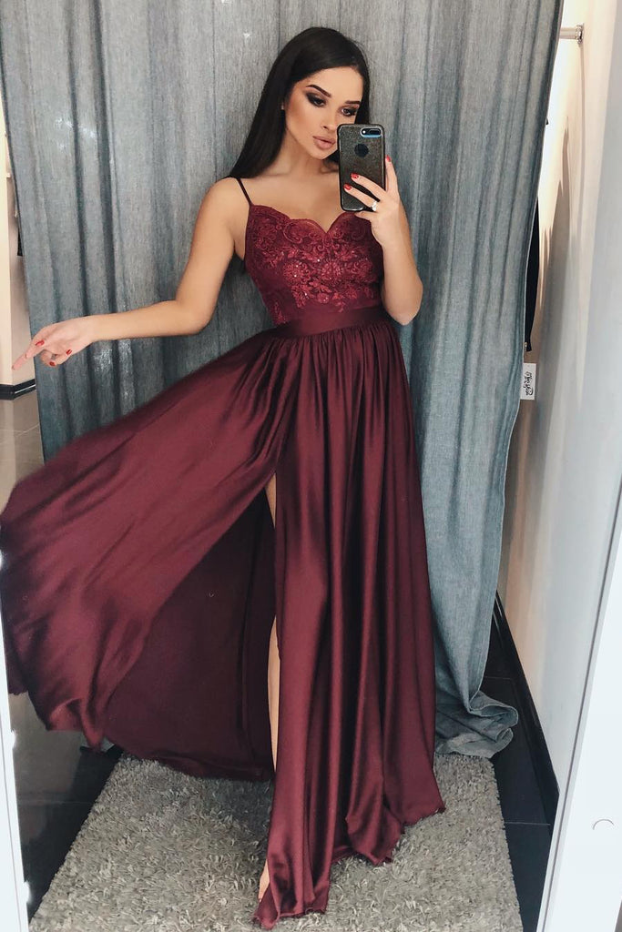 Burgundy Lace V Neck Long Prom Dress Spaghetti Strap Split Formal