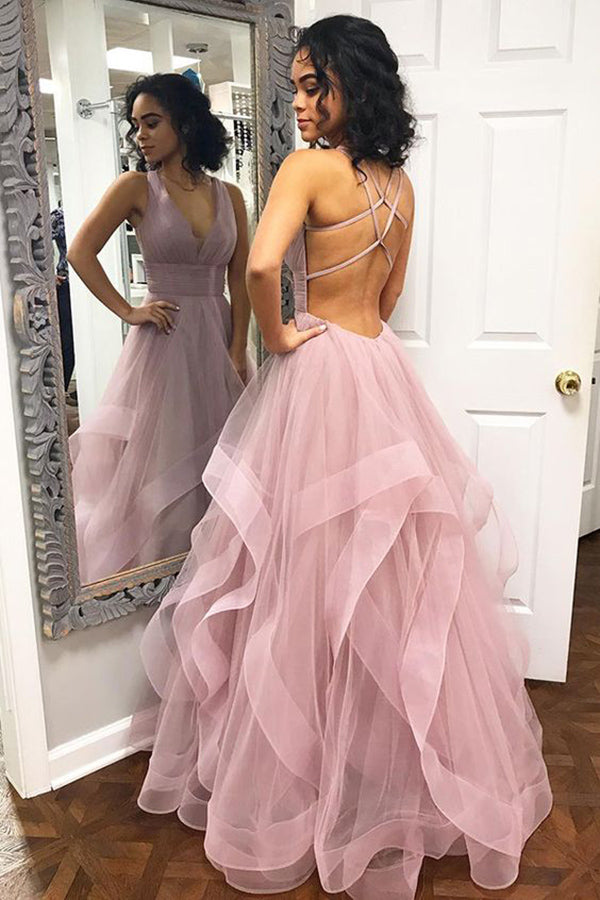 Sexy Deep V Neck Ruffled Long Prom Dress With Criss Cross Back Long