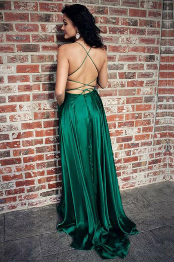 Emerald Green Spaghetti Strap Split Prom Dress Sexy Long Evening Dress