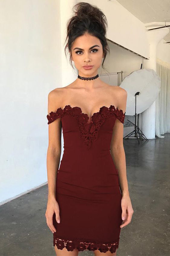 Dark Red Off The Shoulder Sheath Short Formal Dresses Sexy Homecoming