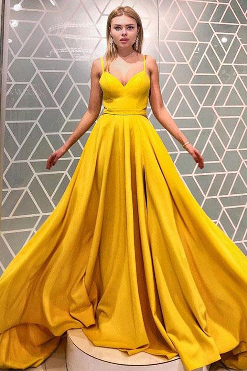 A Line Spaghetti Straps Yellow Prom Dresses Long Formal Dresses N2470