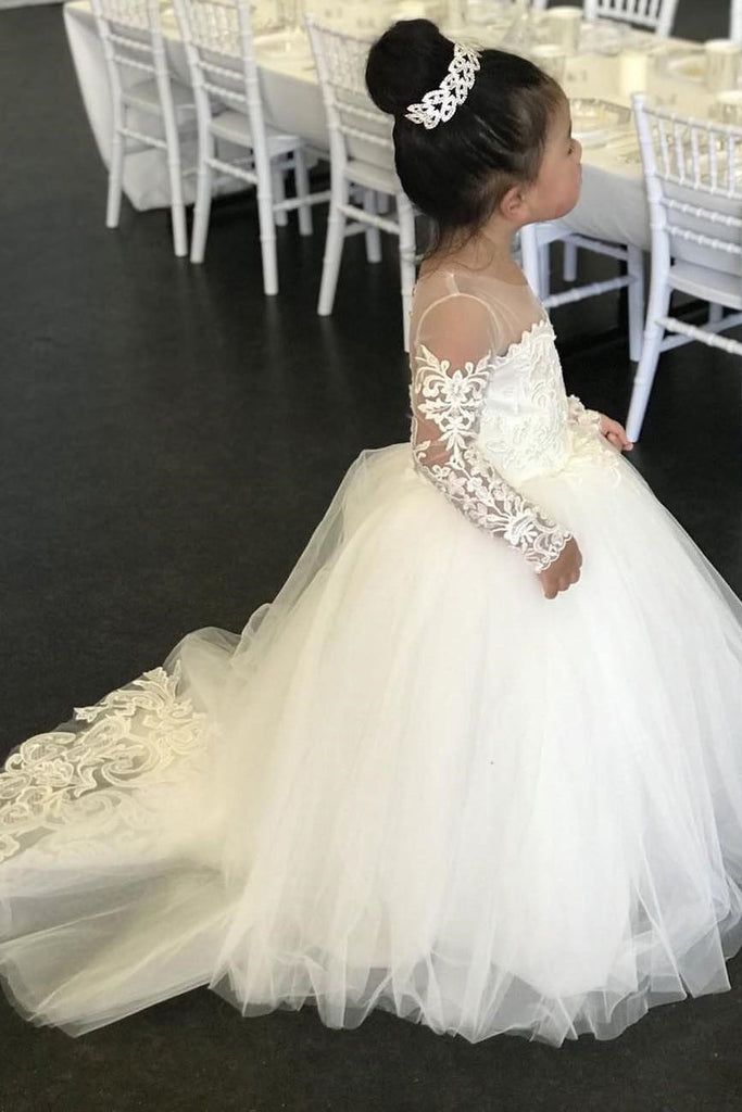 Ivory Long Sleeve Tulle Flower Girl Dress With Lace Cheap Flower Girl