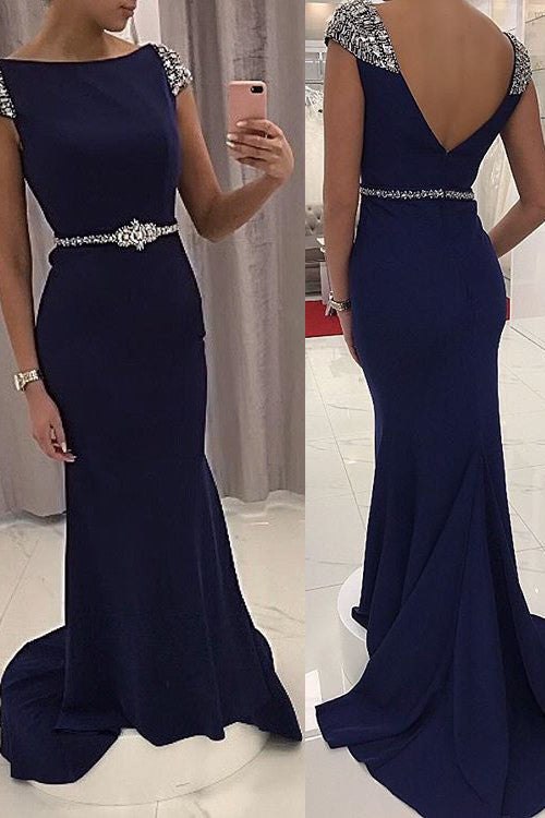 Navy Blue Backless Prom Gown With Beltmermaid Sequined Evening Gown