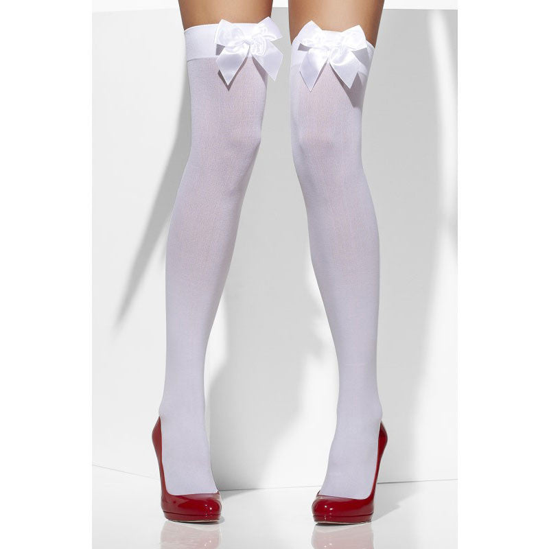 White Opaque Thigh High Stockings With White Bows Us Novelty