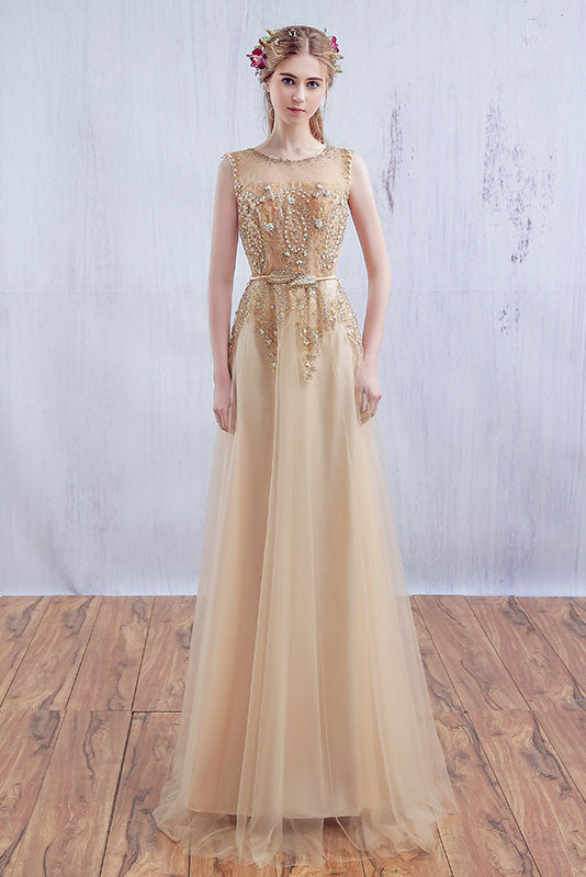 Champagne Round Neck Tulle Lace Long Prom Dress Lace Evening Dress