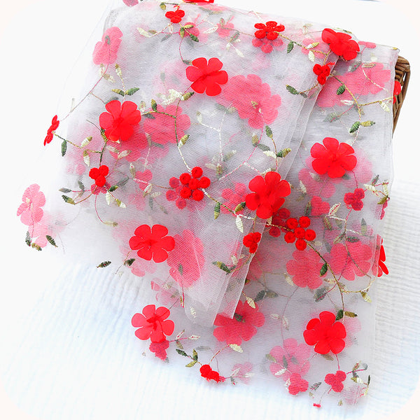 51” Width 3d Vivid Floral Chiffon Embroidery Lace Fabric By The Yard