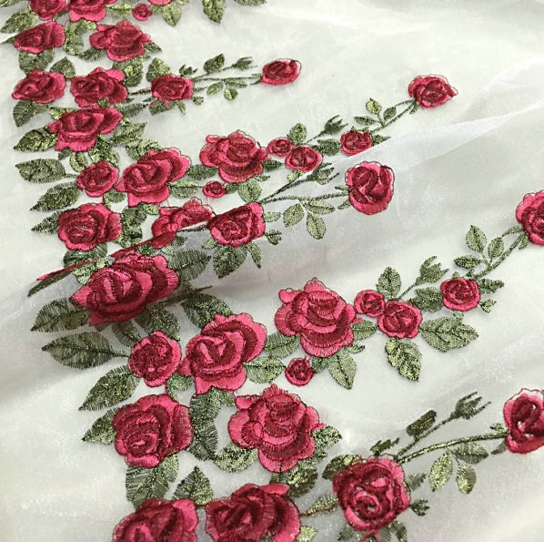 51” Width 3d Floral Rose Embroidery Organza Lace Fabric By The Yard