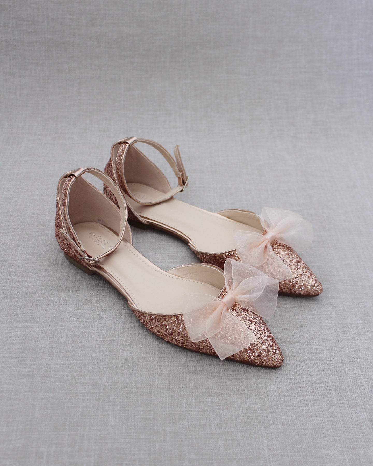 Rose Gold Rock Glitter Ankle Strap Flats With Organza Bow Women Shoes