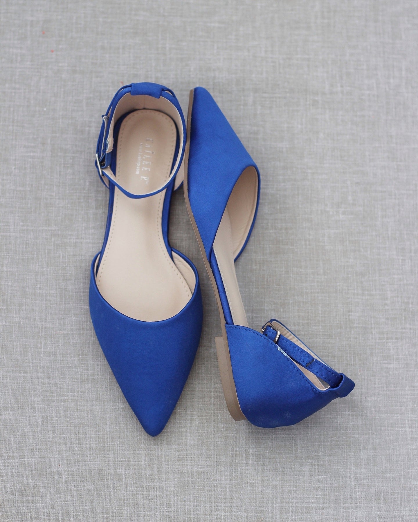 Royal Blue Satin Pointy Toe Flats With Ankle Strap Wedding Shoes
