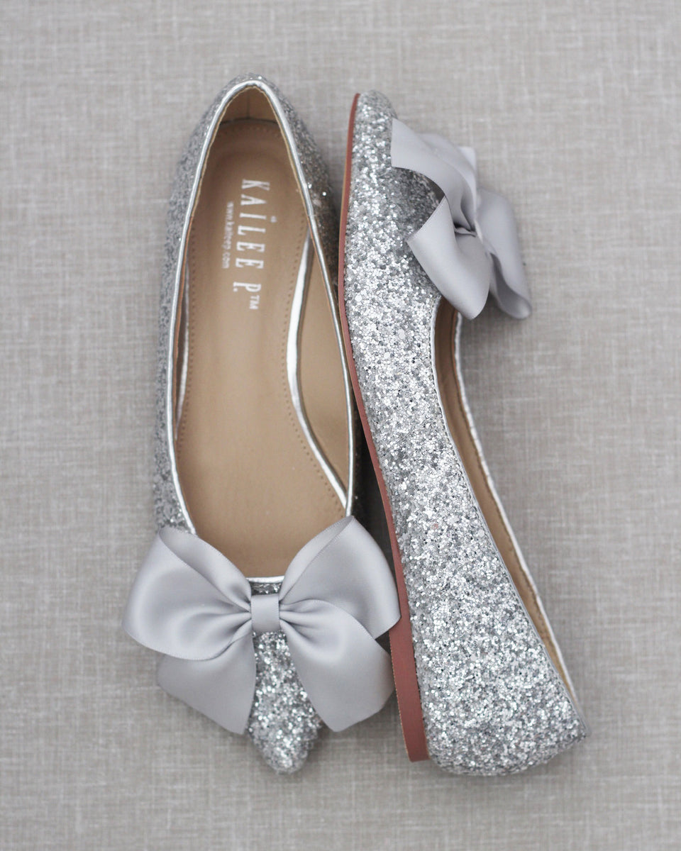 Silver Pointy Toe Rock Glitter Flats With Oversized Satin Bow Kailee