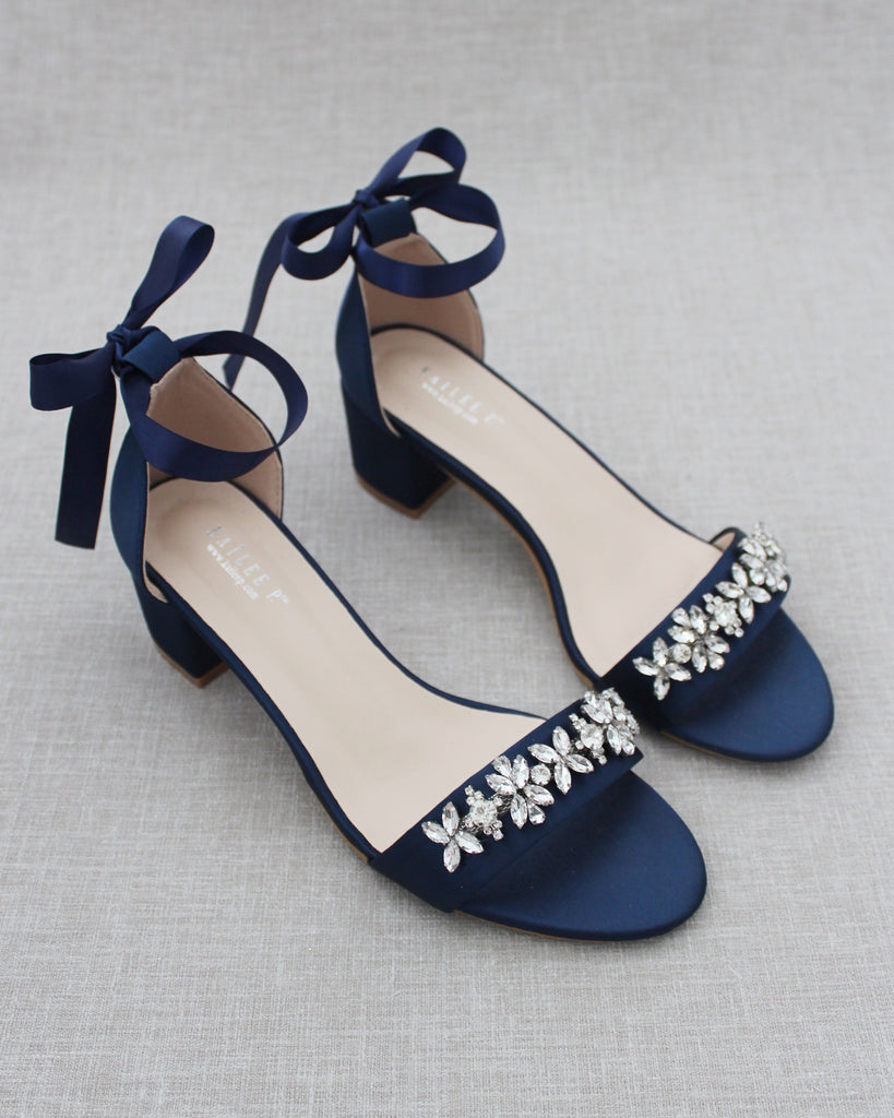 Navy Blue Satin Block Heel Sandals With Floral Rhinestones On Upper St