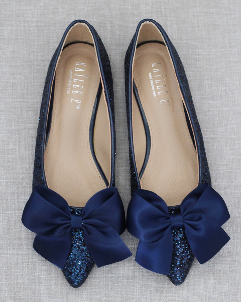 Navy Rock Glitter Pointy Toe Flats With Oversized Satin Bow Kailee P