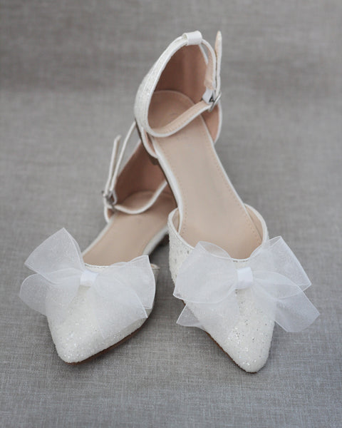 White Rock Glitter Ankle Strap Flats With Organza Bow Women Shoes