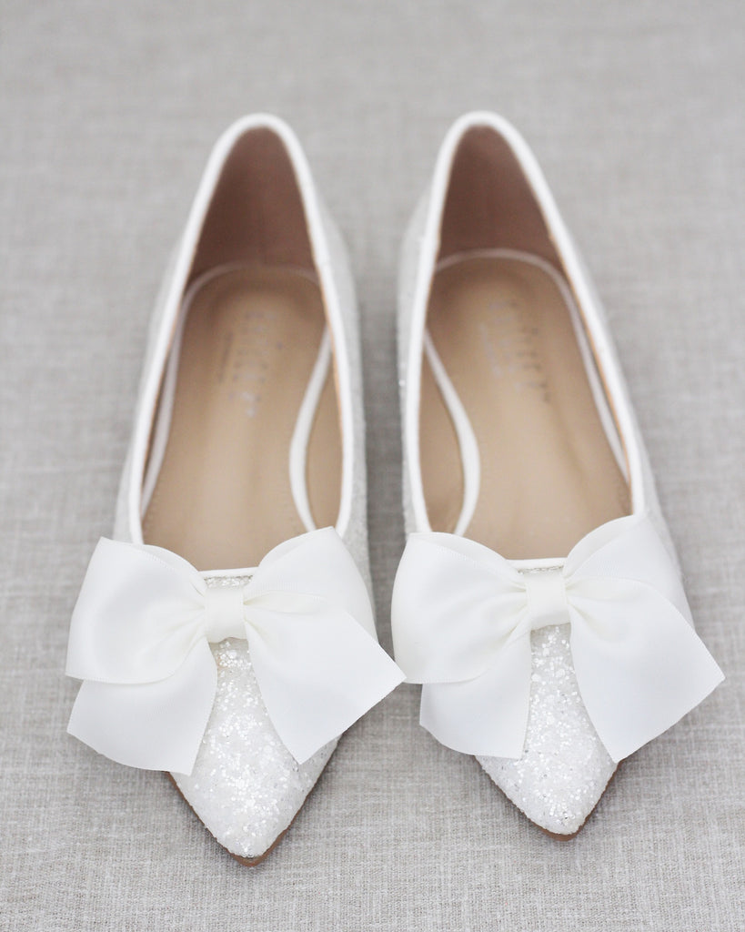 White Pointy Toe Rock Glitter Flats With Satin Bow Kailee P Inc