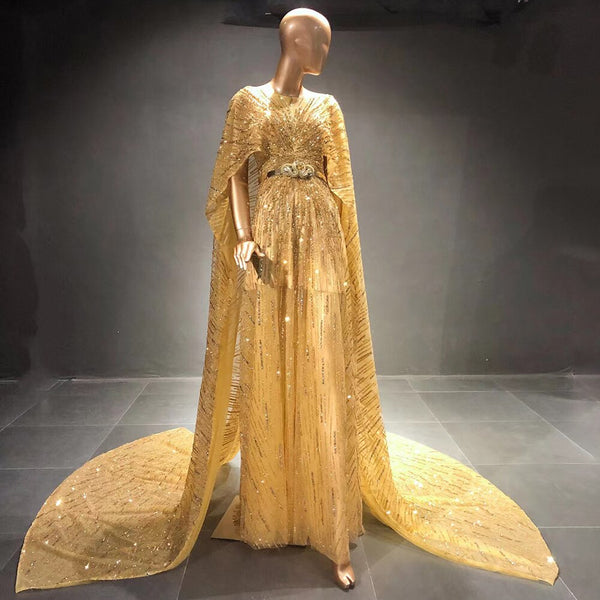 Gold Luxury A Line Evening Dresses Gowns 2023 Beaded Elegant Cape