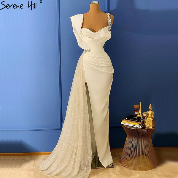 Serene Hill Ivory Satin Split Evening Dresses Gowns 2023 One Shoulder