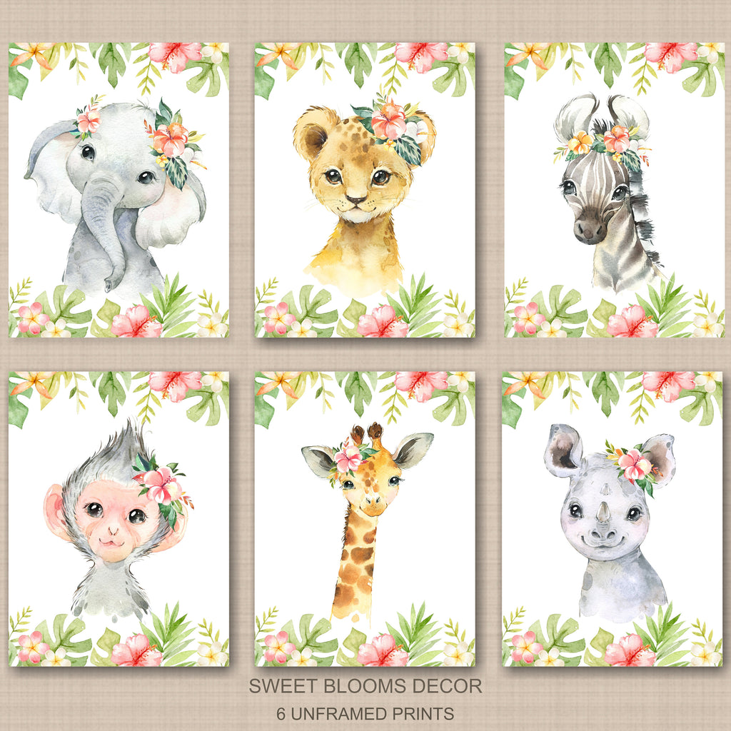 Safari Animals Girl Nursery Wall Art Watercolor Floral Tropical Flower