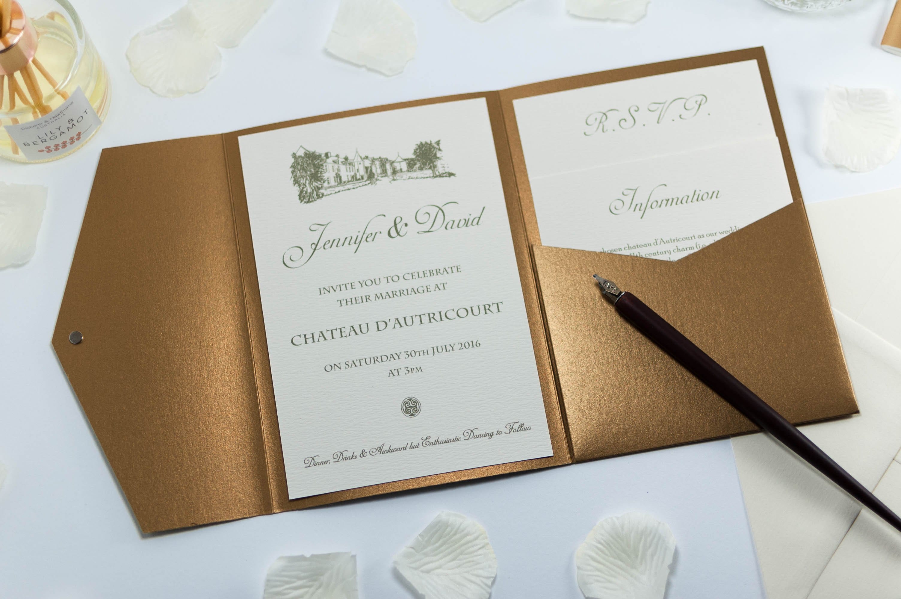 Vintage Chateau Wedding Invitation In Antique Gold Pocketfold Com