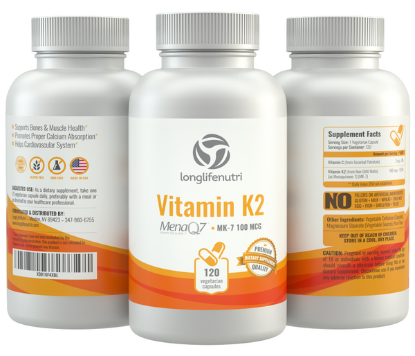 Vitamin K2 Mk 7 100 Mcg 120 Veggie Capsules Longlifenutri