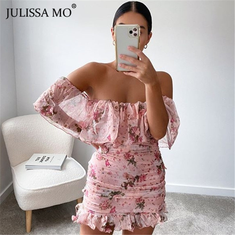 Julissa Mo Floral Print Sexy Summer Boho Dress Women Off Shoulder