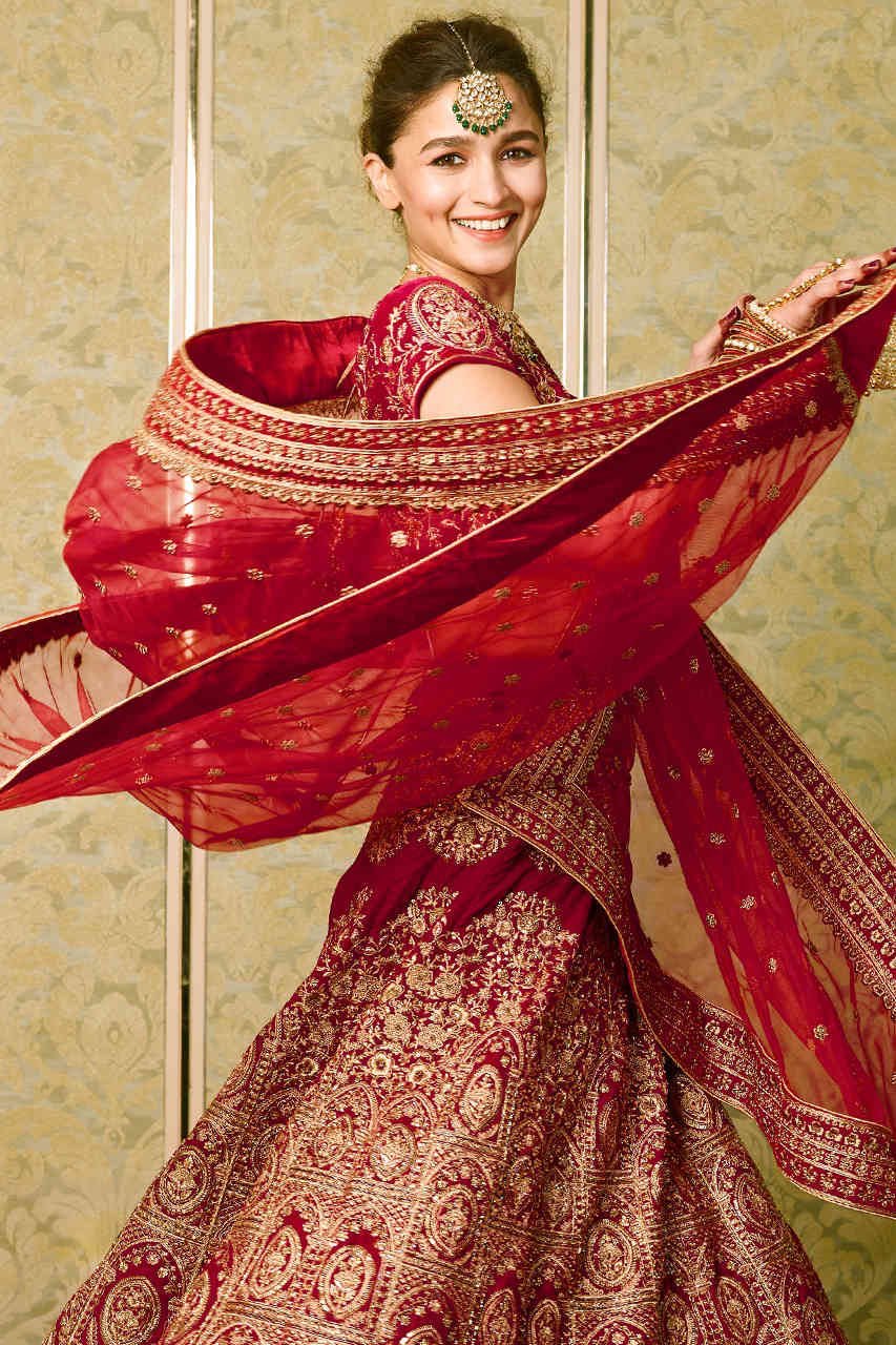 Alia Bhatt In Beautiful Ethnic Red Bridal Velvet Lehenga Red Lehenga