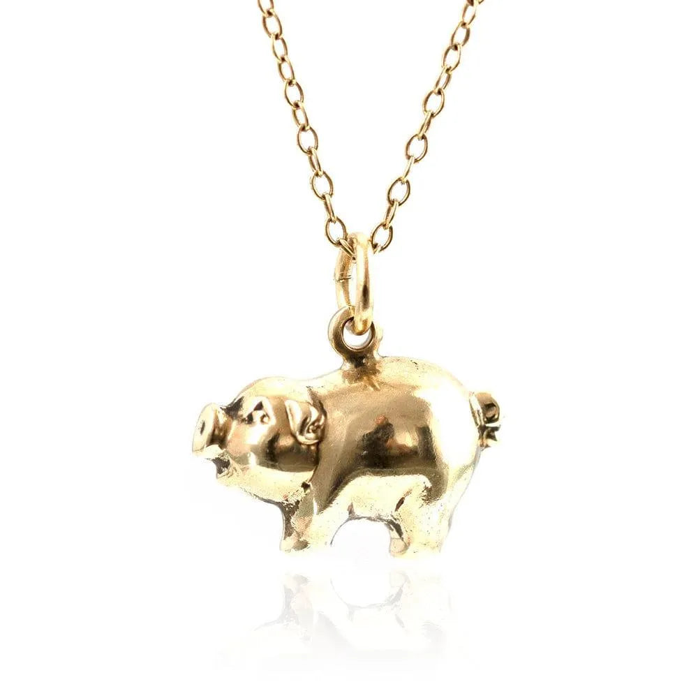 Vintage 9ct Gold Puffed Good Luck Pig Charm Necklace Mayveda Jewelry