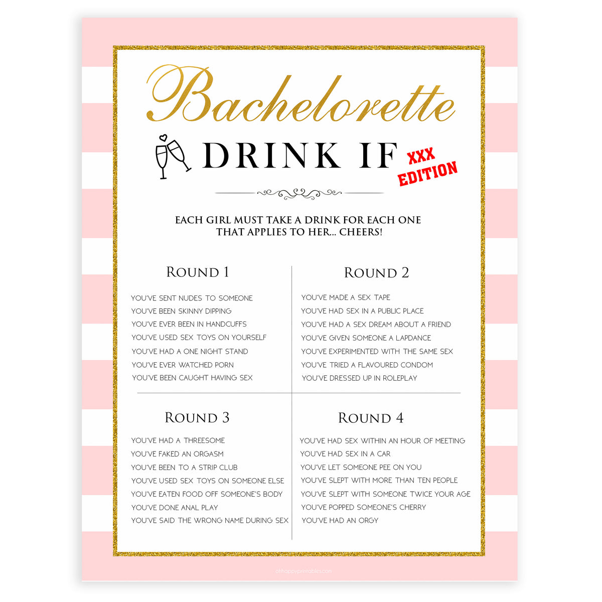 X Rated Bachelorette Drink If Game Printable Bachelorette Games