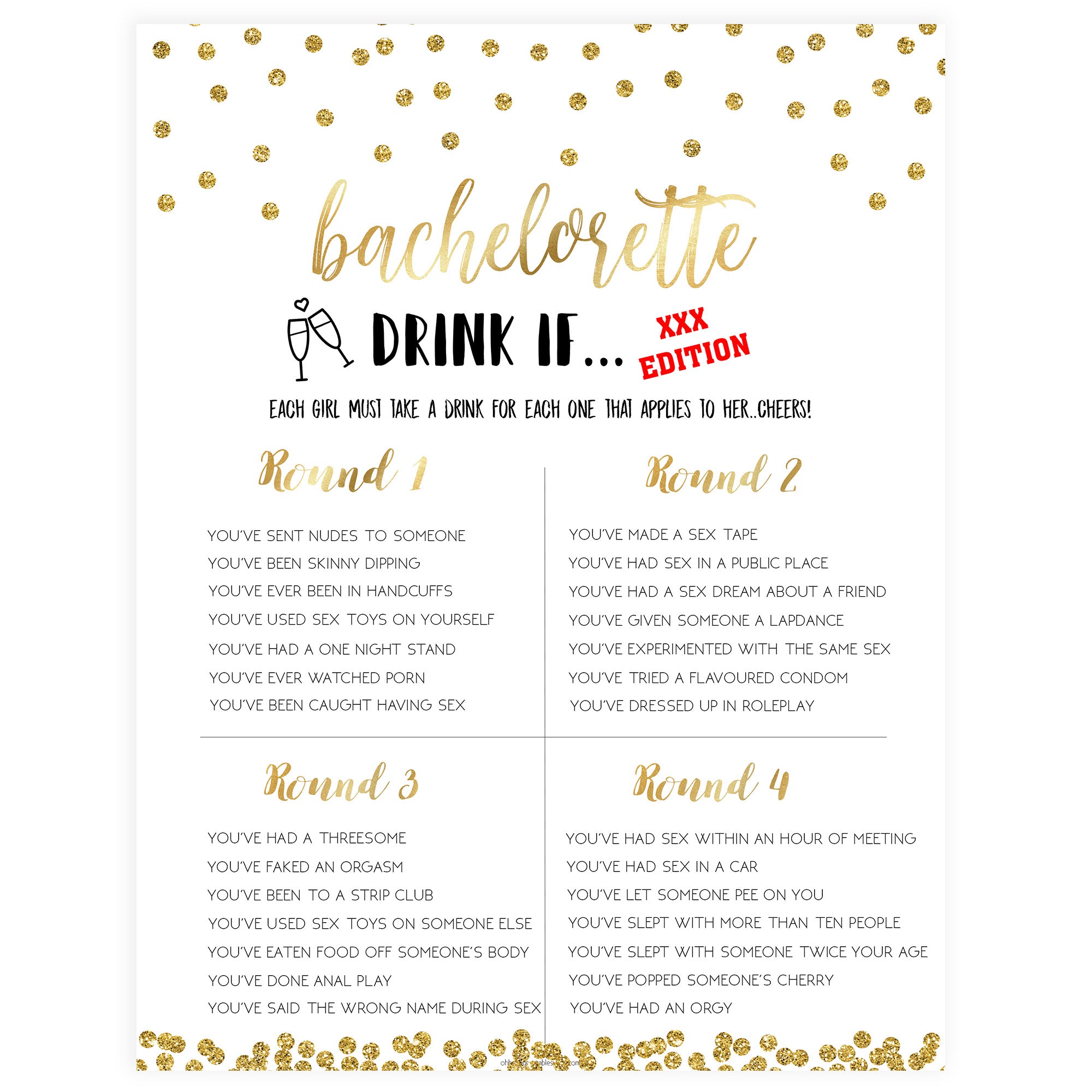 X Rated Bachelorette Drink If Game Printable Bachelorette Games