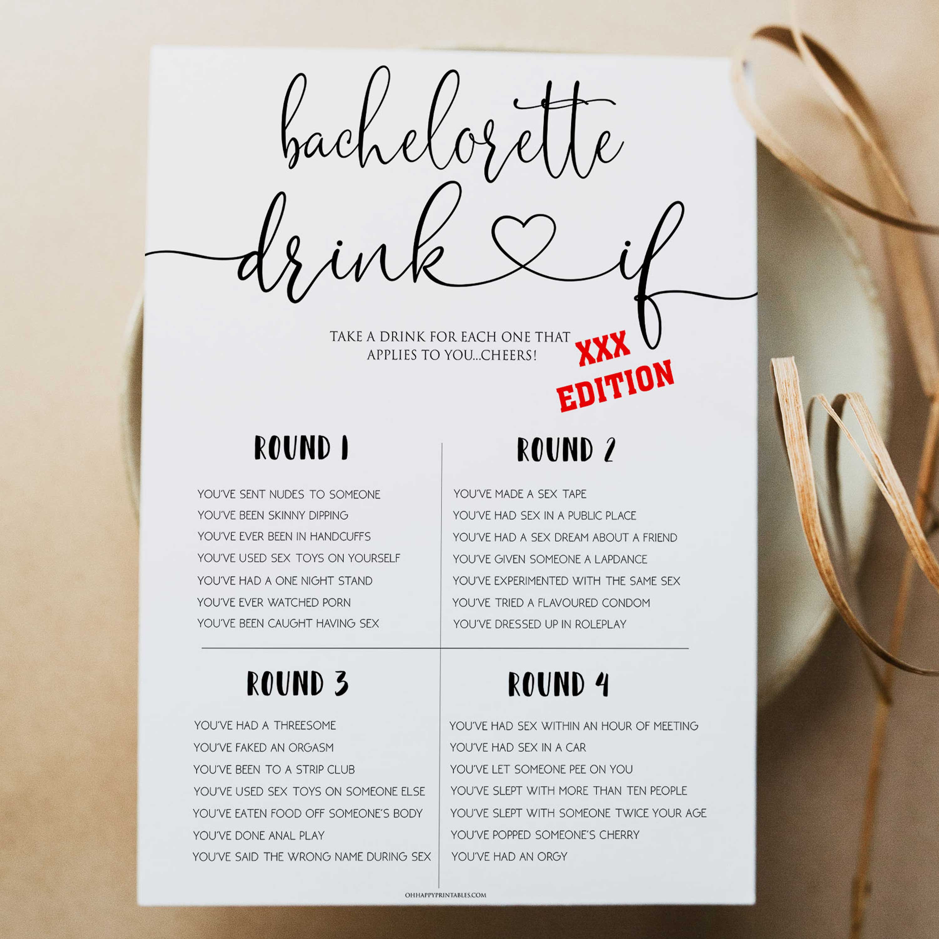 X Rated Bachelorette Drink If Game Printable Bachelorette Games