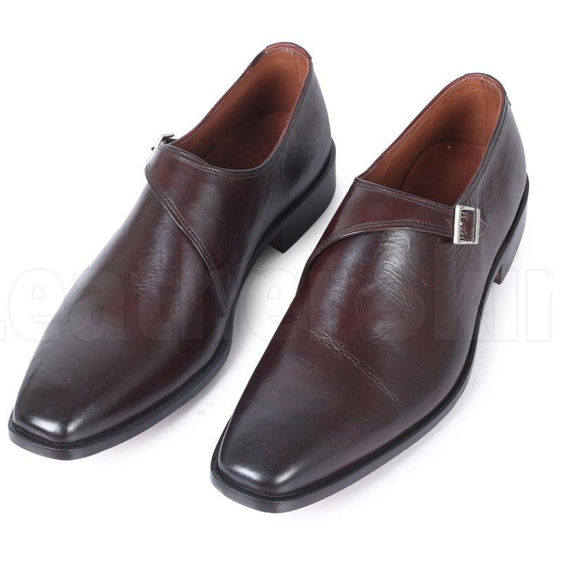 Men Brown Single Monk Handmade Genuine Leather Shoes Leather Skin Shop