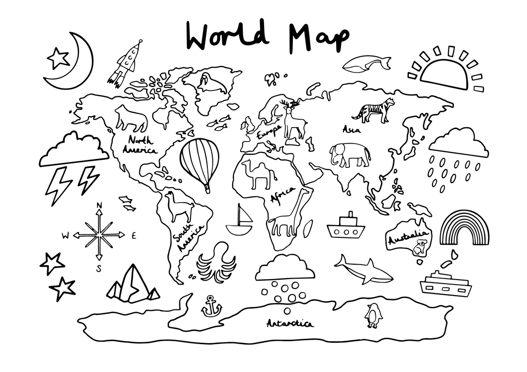 Printable World Map 7 Continents Sketch Coloring Page